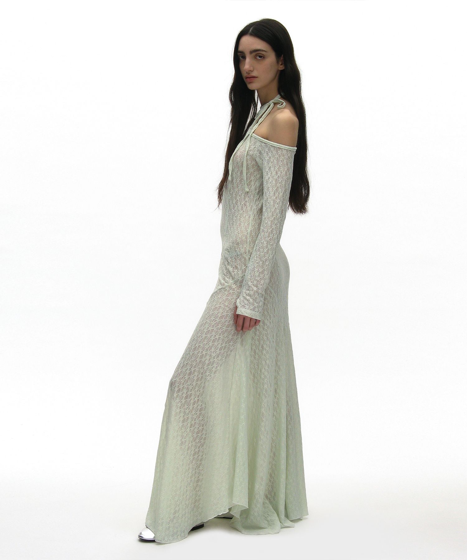 MUSINSA | PARTIMENTO WOMEN Sheer lace tie neck maxi dress_mint