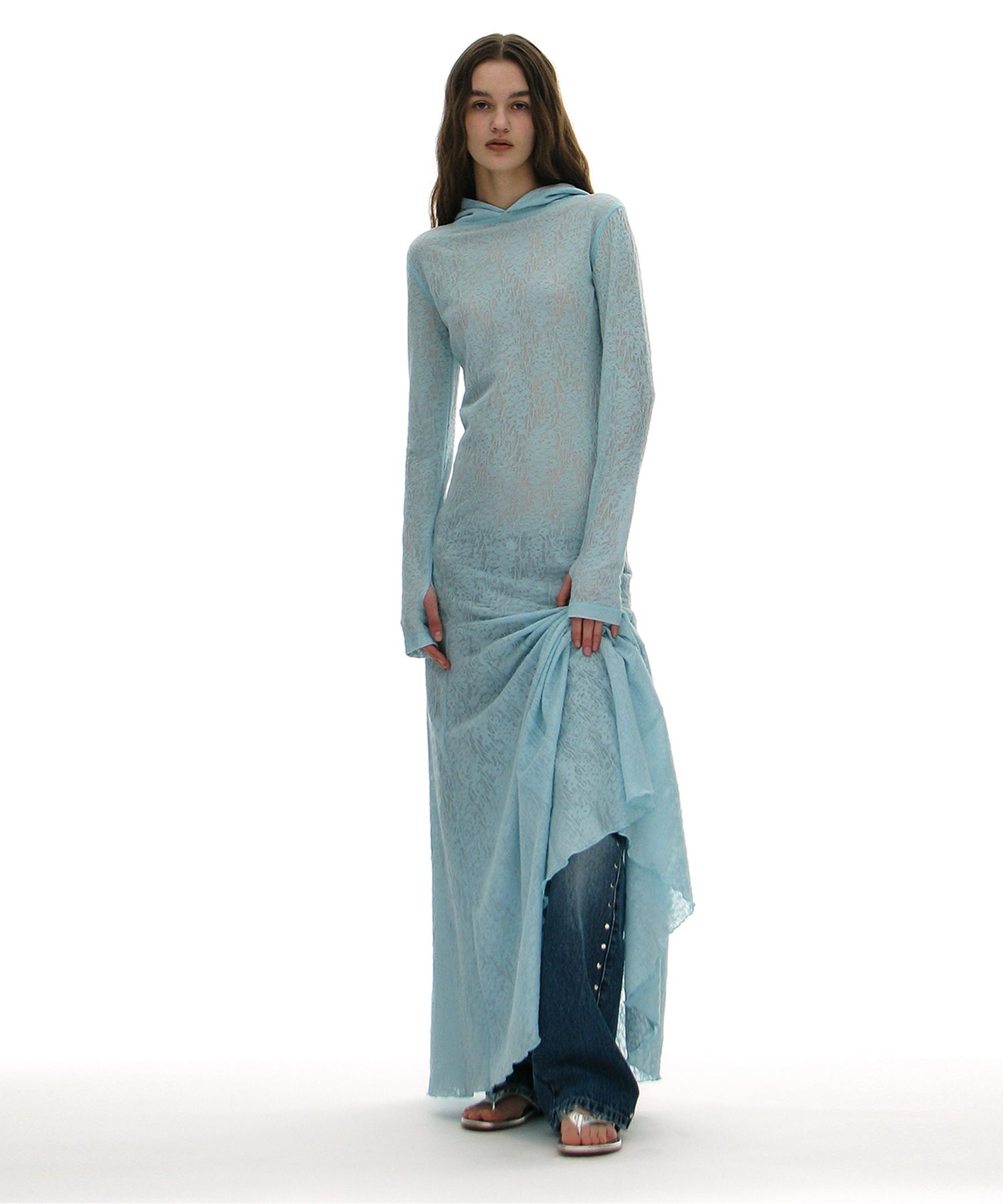 MUSINSA | PARTIMENTO WOMEN See-through lace jersey hoodie dress_sky