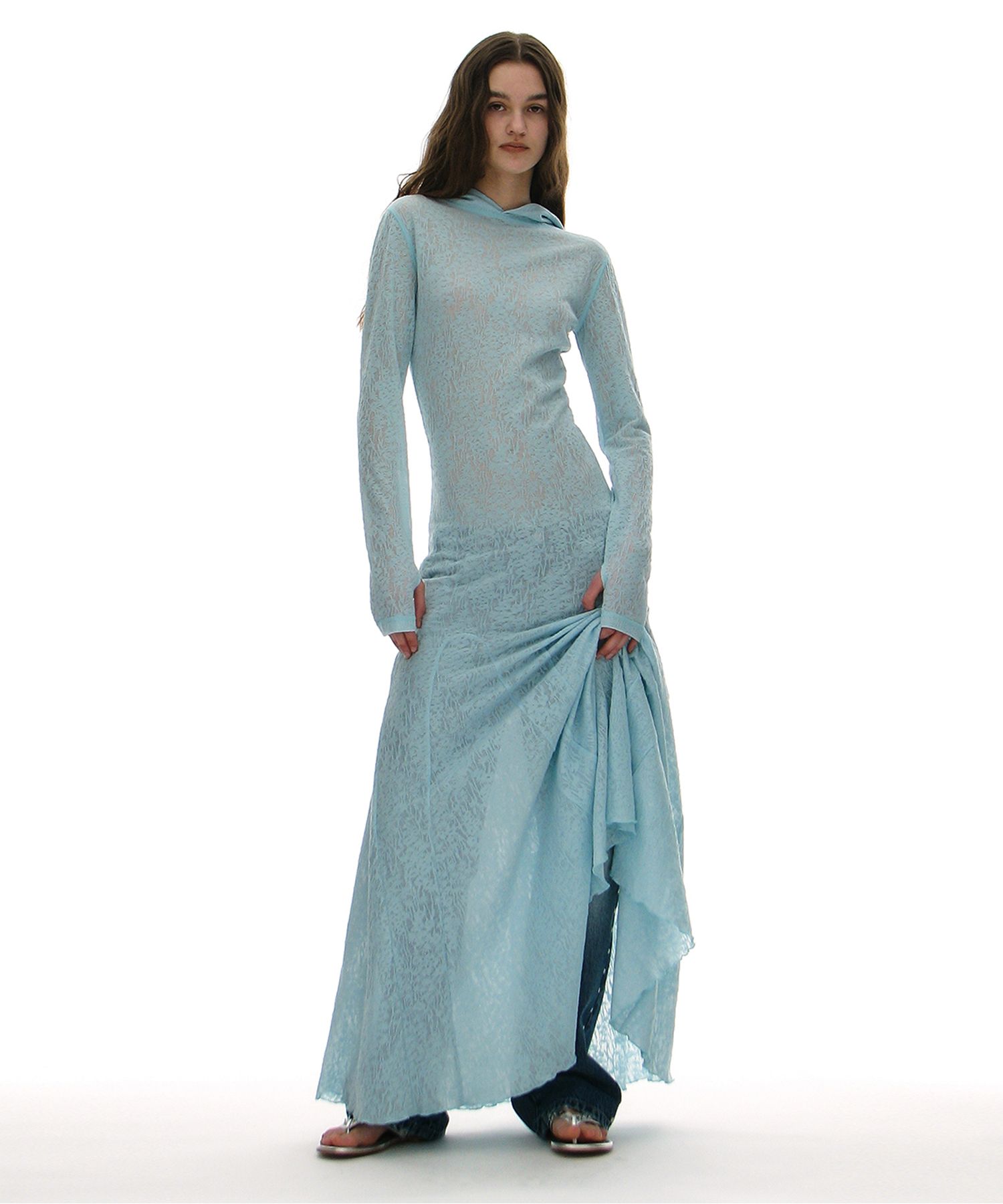 MUSINSA | PARTIMENTO WOMEN See-through lace jersey hoodie dress_sky