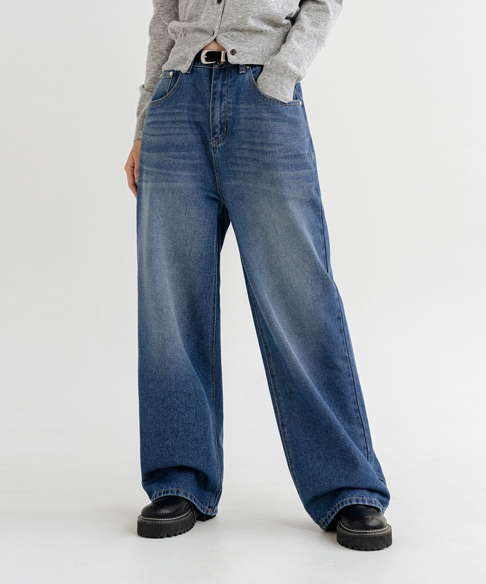 MUSINSA | LEMAIN SECOND Vintage cat-washed wide denim pants [dark blue]