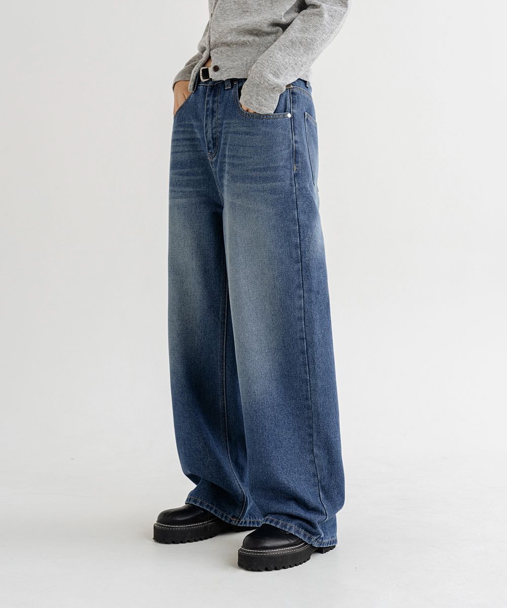 MUSINSA | LEMAIN SECOND Vintage cat-washed wide denim pants [dark blue]