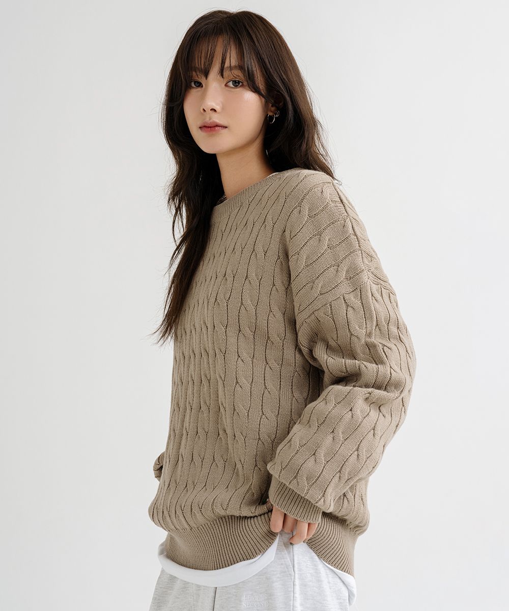 MUSINSA | LEMAIN SECOND Overfit volume washable crew neck cable knit [beige]