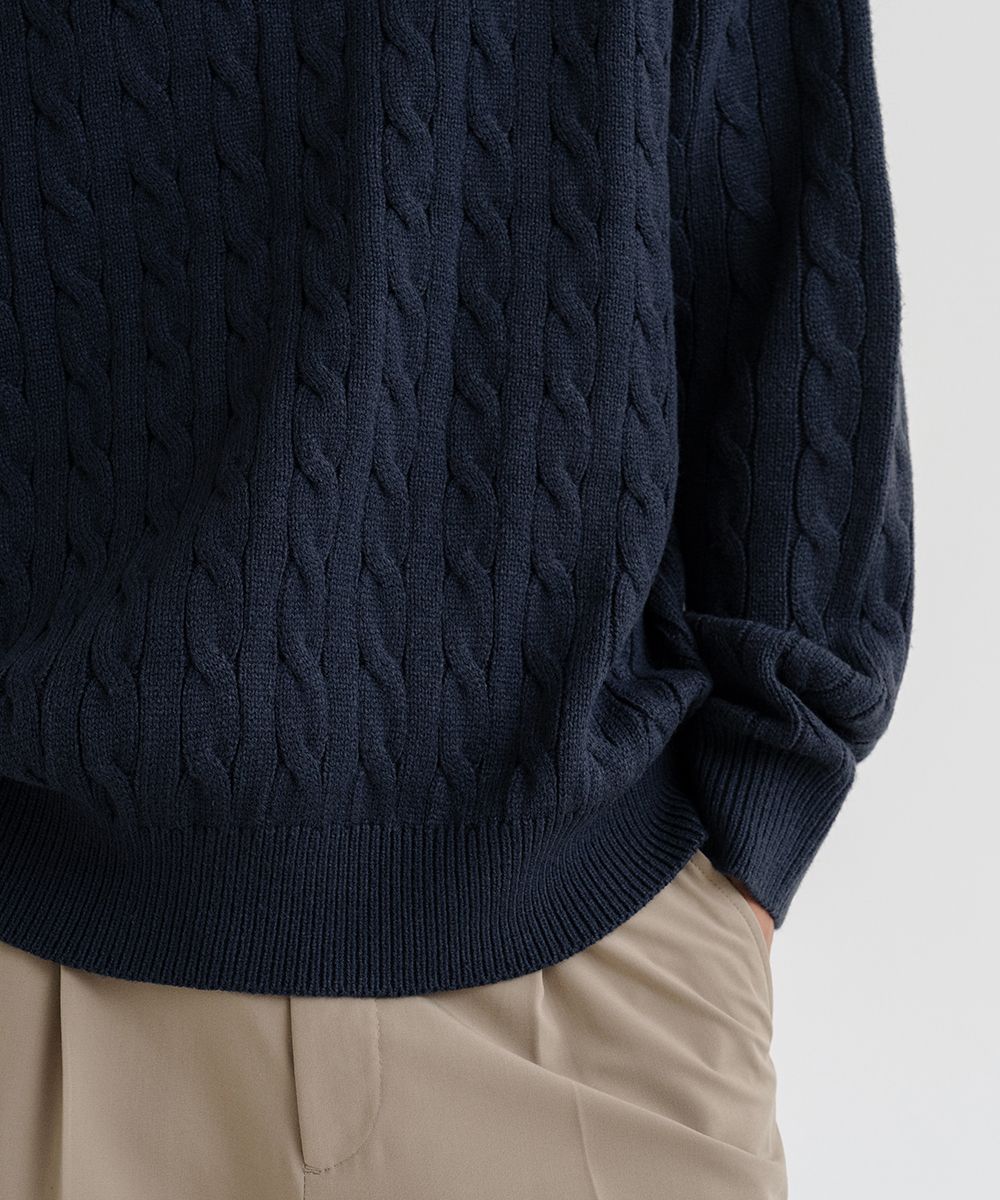 MUSINSA | LEMAIN SECOND Overfit volume washable crew neck cable knit [navy]