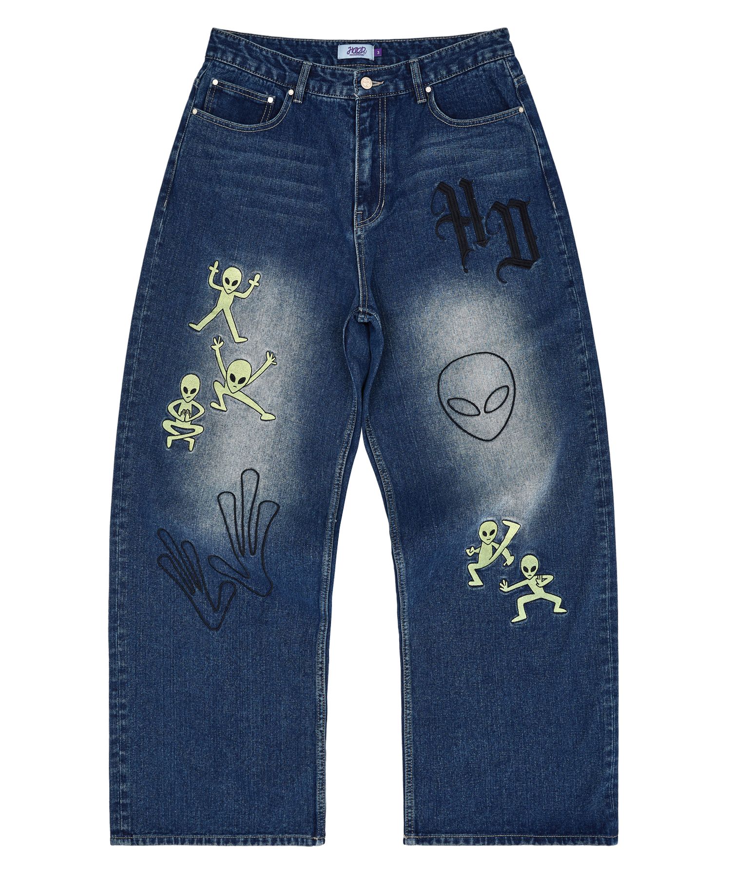 MUSINSA | HOODHOOD HD Alien Multi-Embroidery Denim Pants Deep Blue