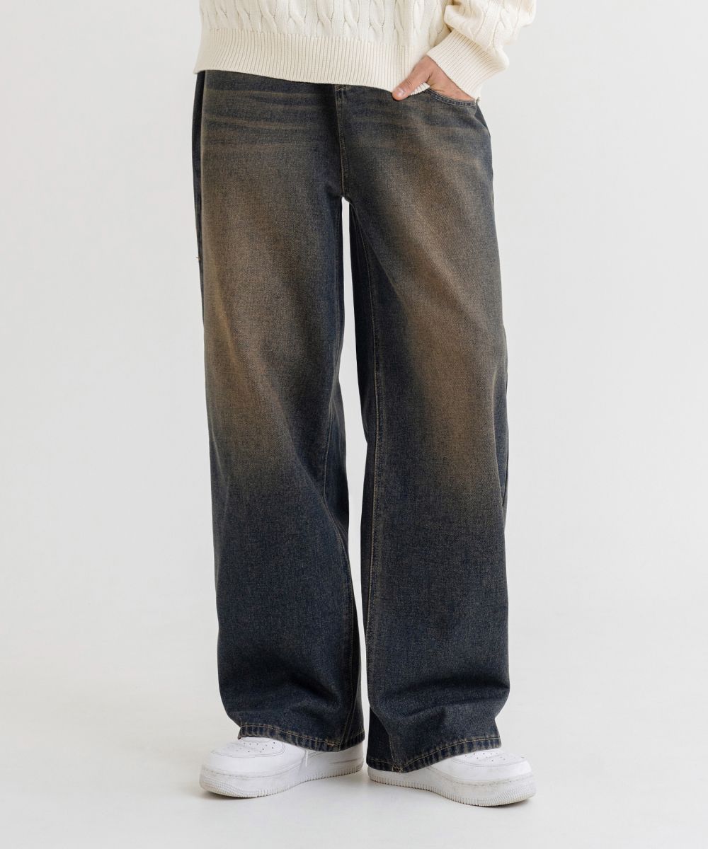 MUSINSA | LEMAIN SECOND [2PACK] VINTAGE CAT WASHING WIDE DENIM PANTS - YELLOW WASHING/DARK BLUE