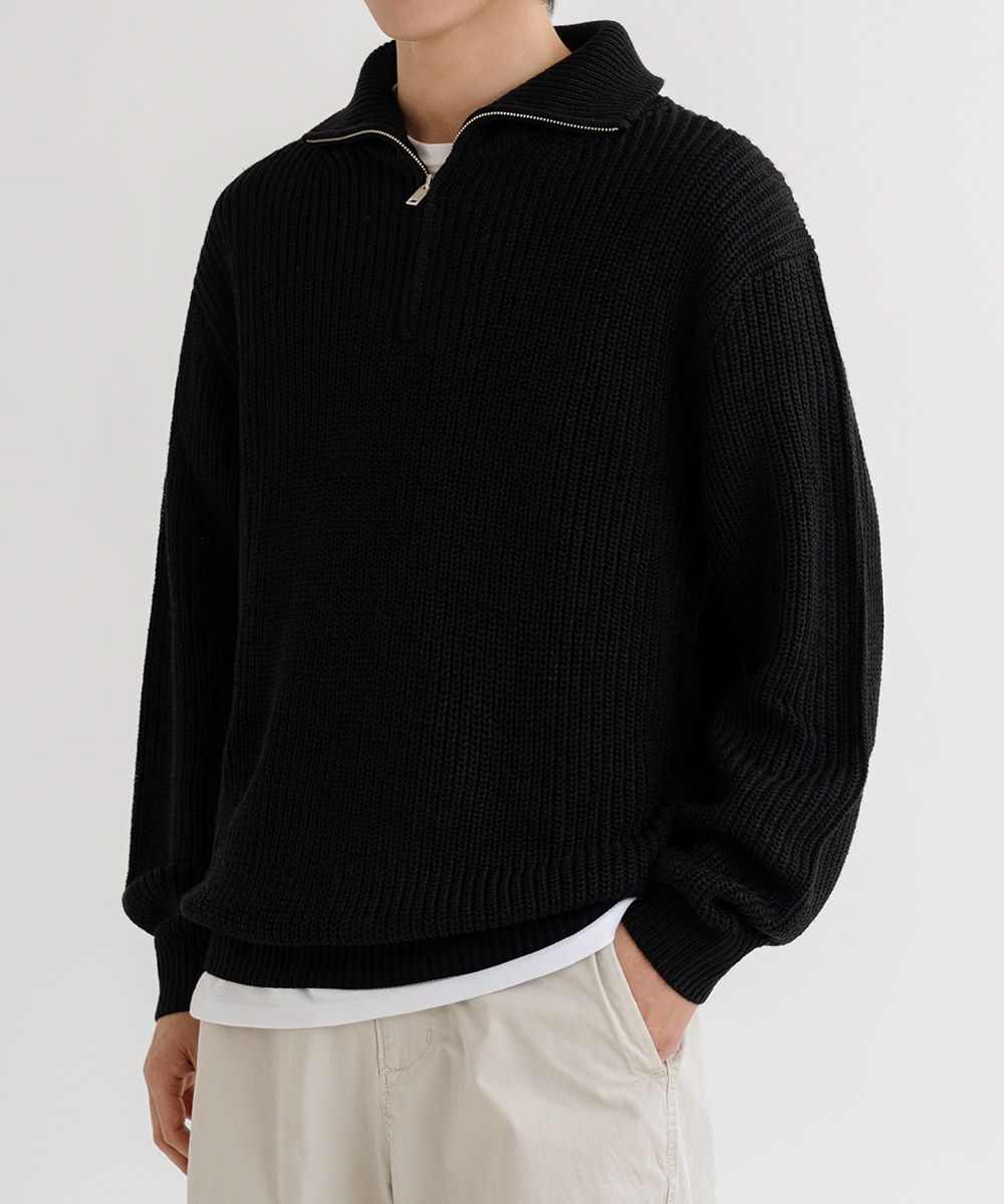MUSINSA公式 | LEMAIN SECOND [2PACK] OVERFIT VOLUME WASHABLE HALF ZIP-UP HACHI KNIT - BLACK/IVORY