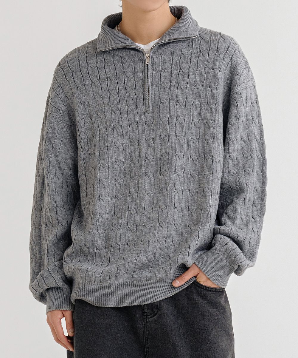 MUSINSA | LEMAIN SECOND [2PACK] OVERFIT VOLUME WASHABLE HALF ZIP-UP CABLE KNIT - IVORY/GRAY