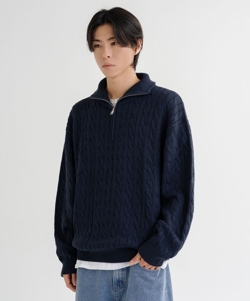 MUSINSA | LEMAIN SECOND [2PACK] OVERFIT VOLUME WASHABLE HALF ZIP-UP CABLE KNIT - GRAY/NAVY