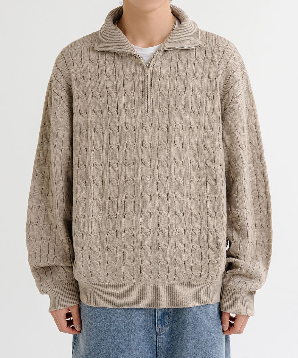MUSINSA | LEMAIN SECOND [2PACK] OVERFIT VOLUME WASHABLE HALF ZIP-UP CABLE KNIT - BEIGE/NAVY