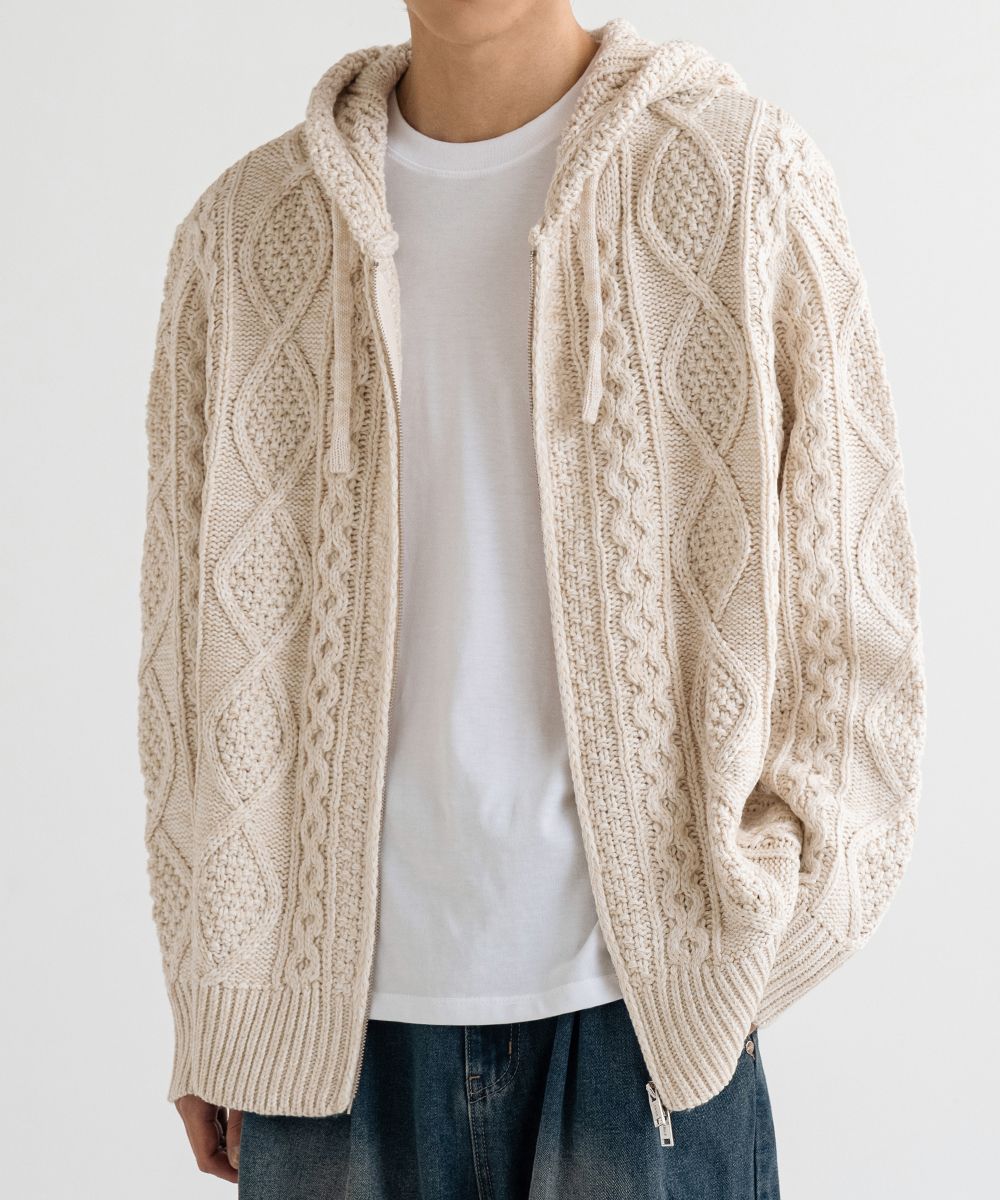 MUSINSA | LEMAIN SECOND 2WAY_Aran Washable Overfit Cable Hood Zip-up ...