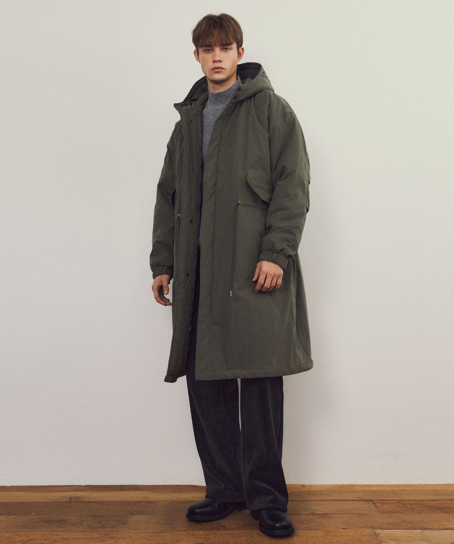 MUSINSA | WEDNESDAY OASIS M-65 Fishtail Hooded Padded Night Coat_KHAKI