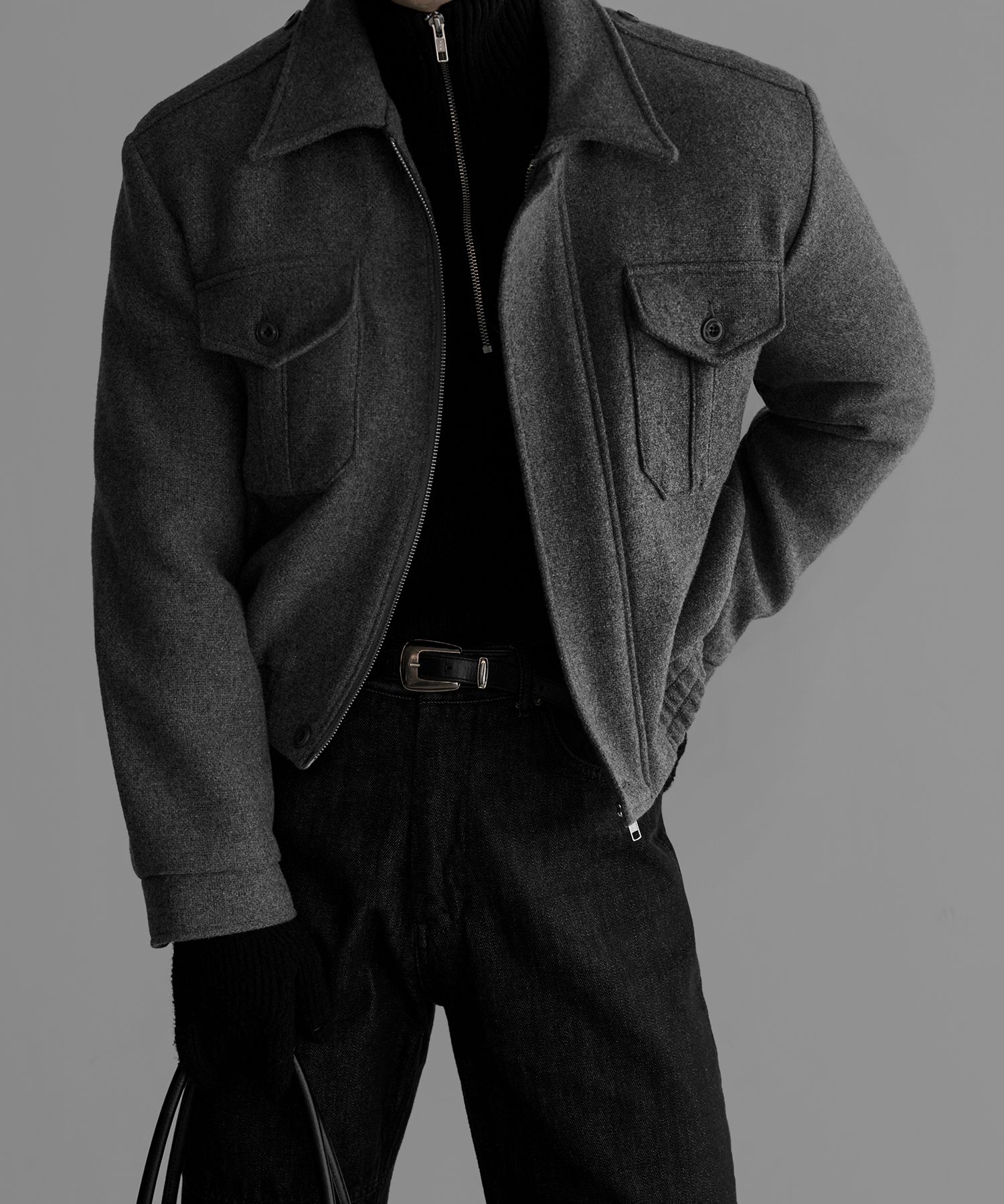 MUSINSA | BOWLOW PRODUCT Military Crop Wool Jacket [Grey]