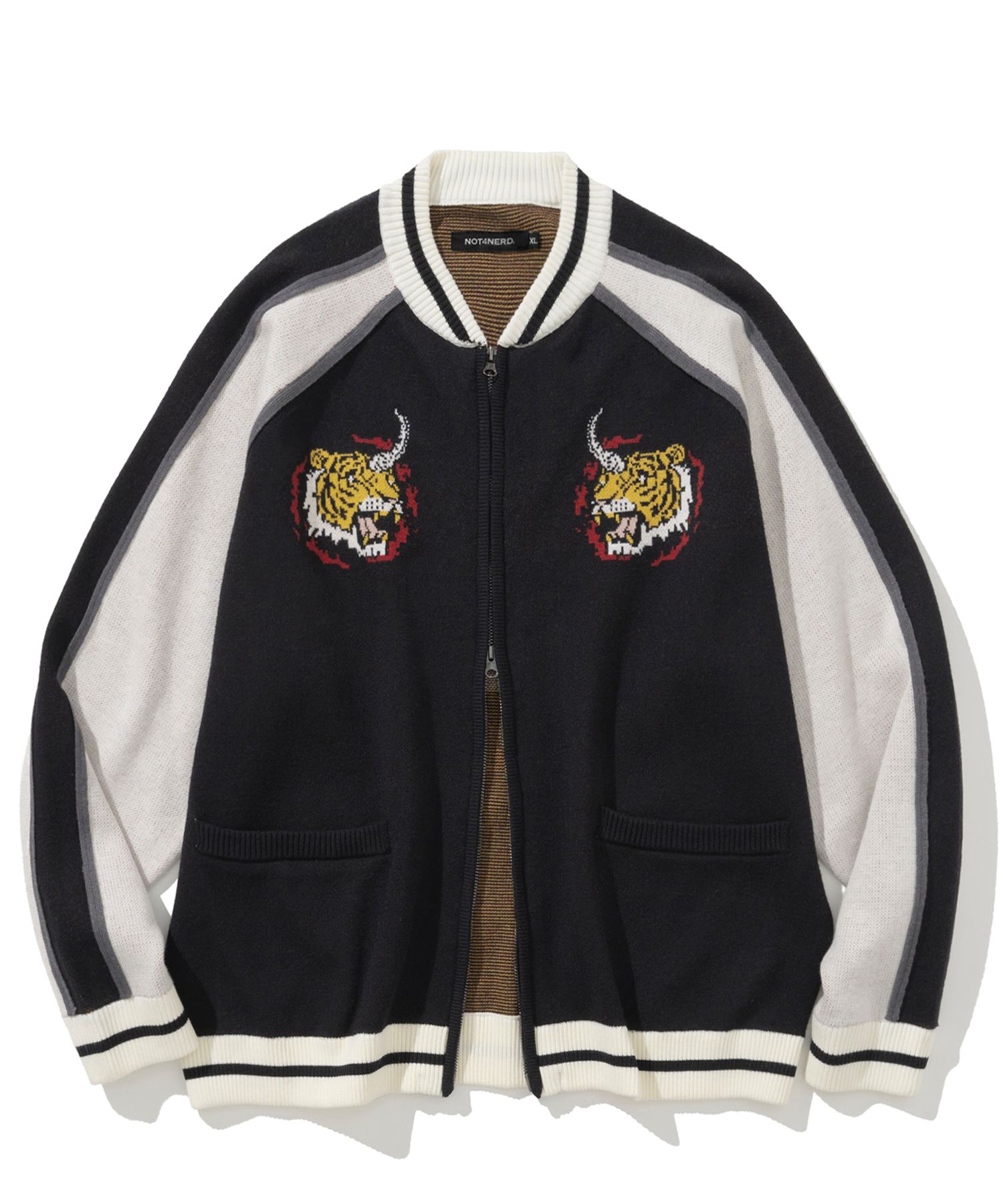 MUSINSA | NOT4NERD Horned Tiger Souvenir Knit Zip Up - Black