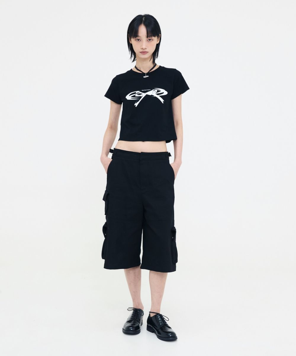 MUSINSA公式 | OPENING PROJECT W Cropped Ribbon Half T Shirt - Black