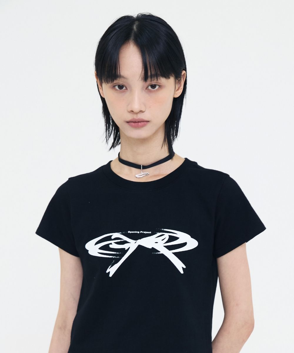 MUSINSA公式 | OPENING PROJECT W Cropped Ribbon Half T Shirt - Black