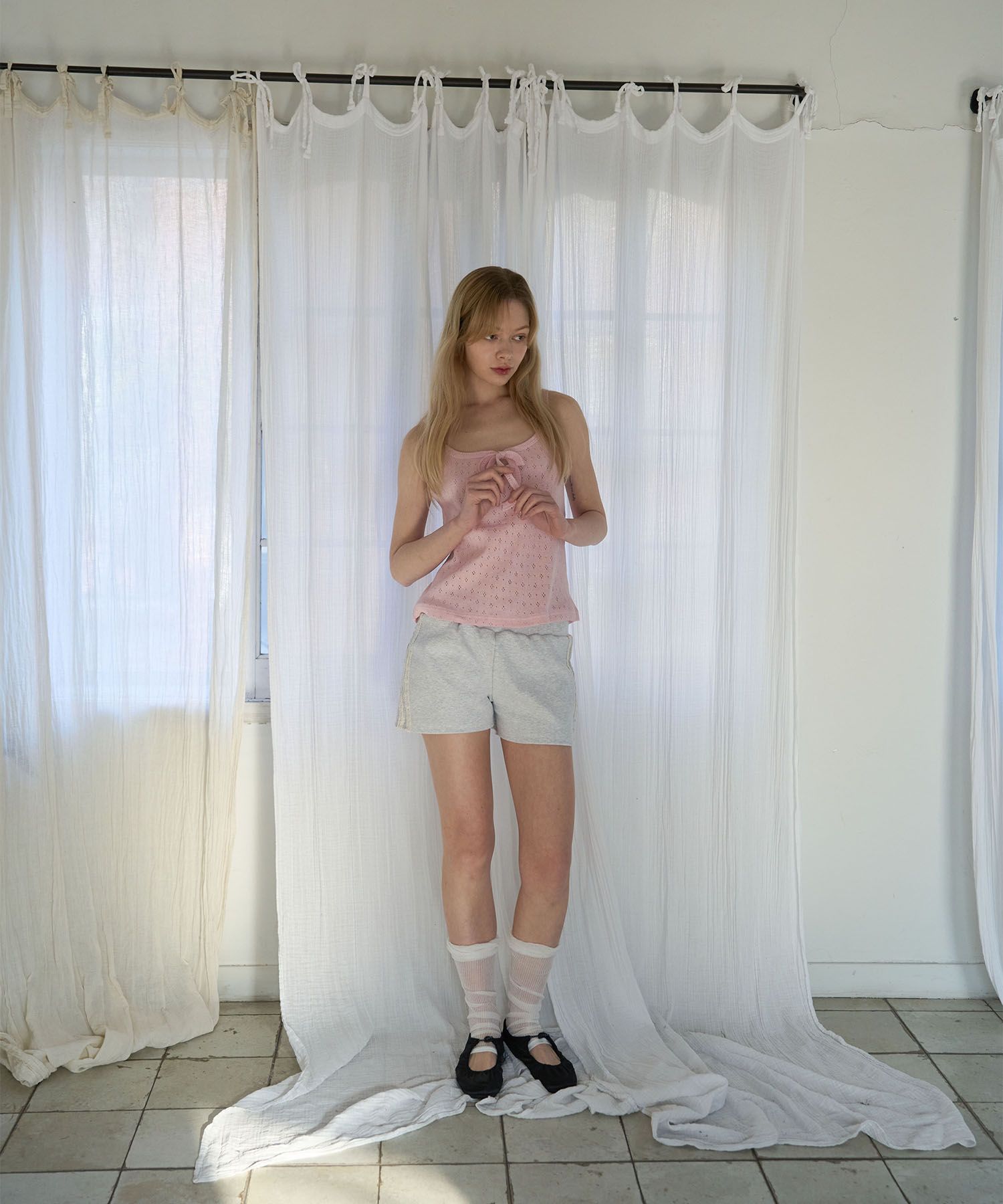 MUSINSA公式 | 5OML Eyelet String Ribbon Sleeveless Knit Light Pink