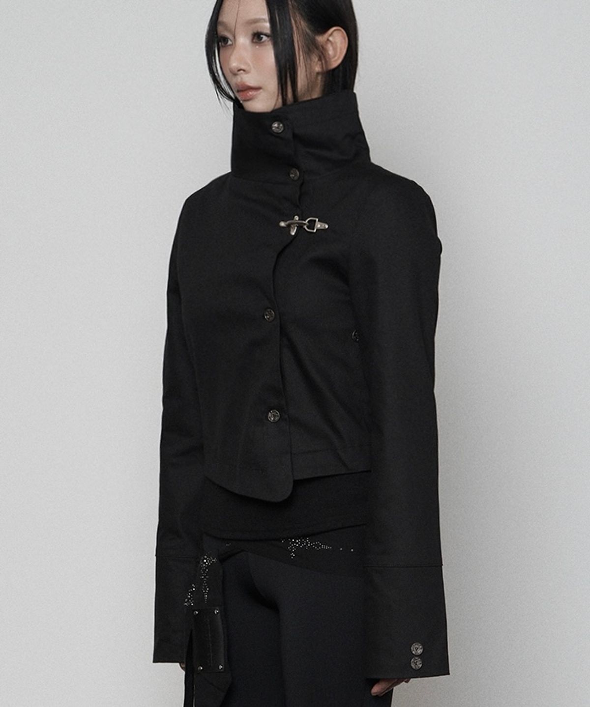 에트오소메(ETRE AU SOMMET) Wide High-neck Side Button Jacket (BLACK) - 사이즈 ...